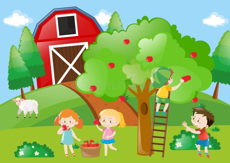 Children Picking Apples from Tree Stock Vector - Illustration of ...