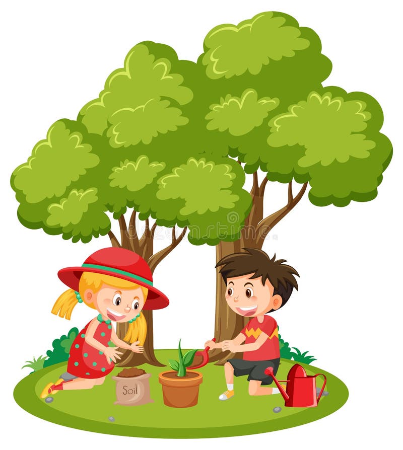Children are Planting Trees in the Garden. Stock Vector - Illustration ...