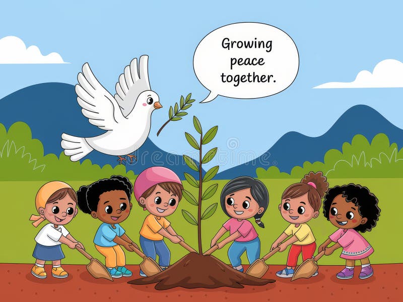 Children Planting Peace Tree with Dove for Community Harmony and Growth ...