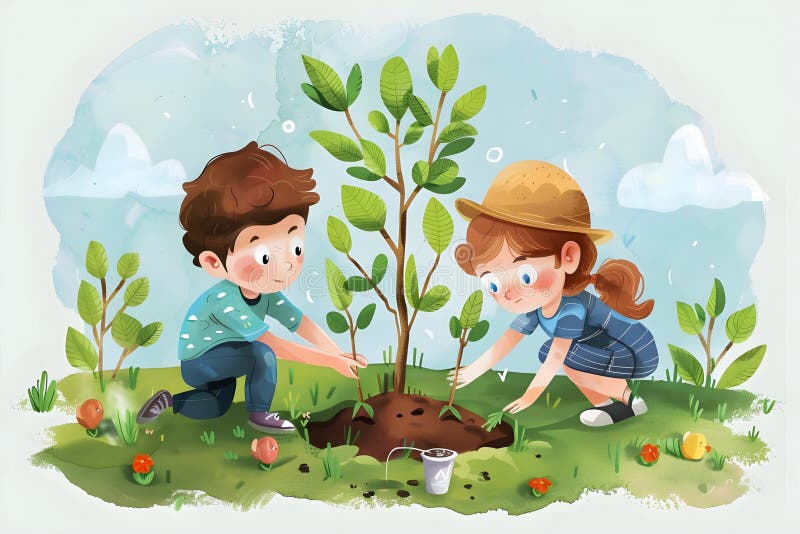 Children Planting Tree in a Forest Stock Illustration - Illustration of ...
