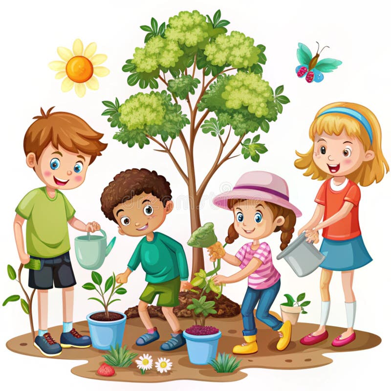 Children Planting Trees in a Garden Stock Illustration - Illustration ...