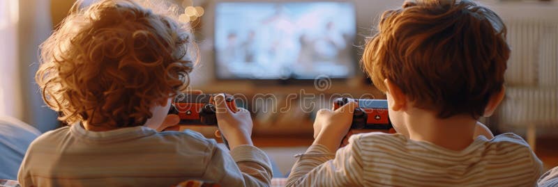 Children Play Computer Games on TV Using a Game Console, a Child with a ...
