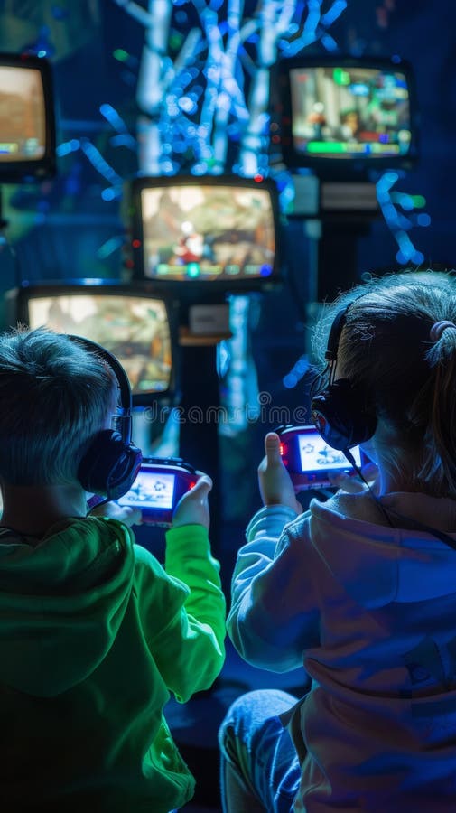 Children Play Computer Games on TV Using a Game Console, a Child with a ...