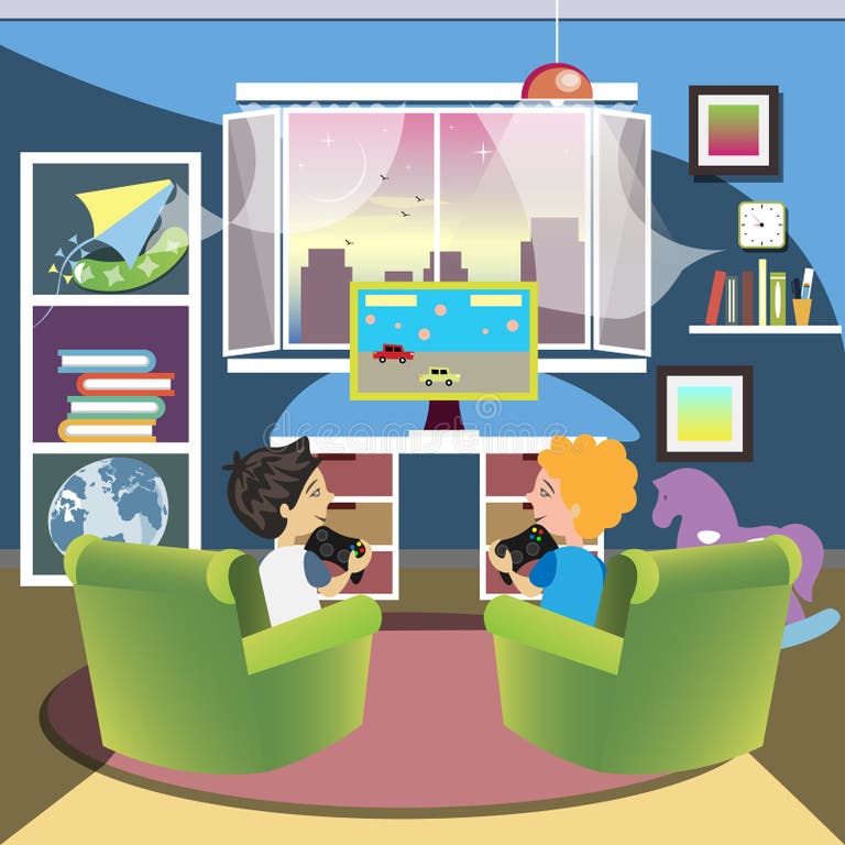 Children Play the Console in Room Stock Vector - Illustration of ...