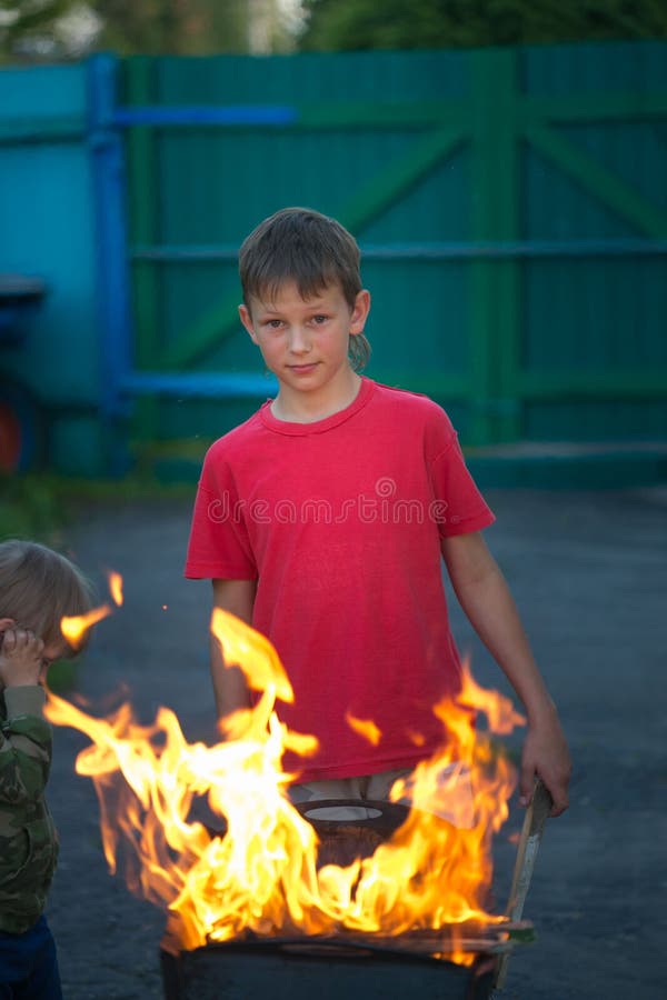 Children Play with Fire in the Grill Stock Image - Image of meat ...