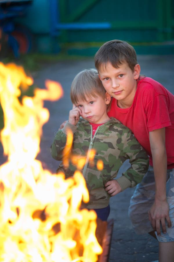 Children Play with Fire in the Grill Stock Photo - Image of campfire ...