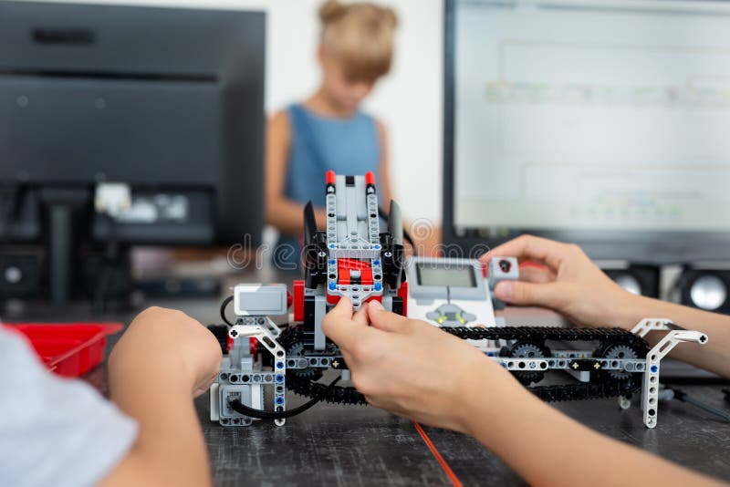 Children Play with a Robot in a Robotics Class. Stock Image - Image of ...