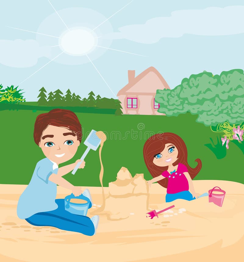 Children Play in the Sandbox Stock Vector - Illustration of enjoying ...