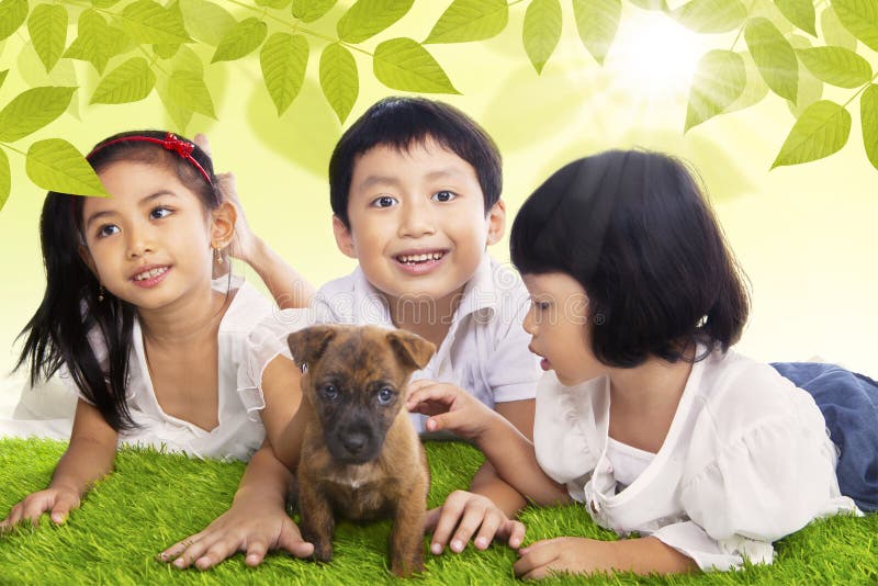 Children Play Time with Dog in Spring Stock Photo - Image of girl ...