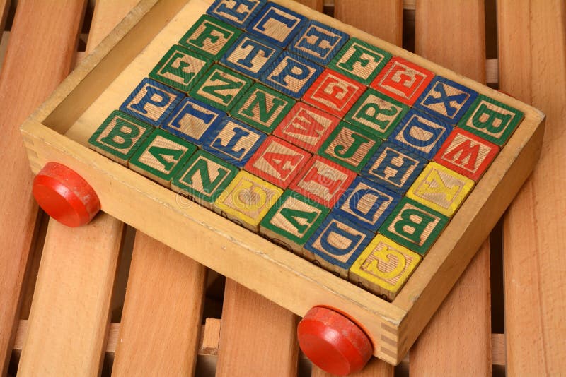 Children Play Wood Words Blocks in Cart Stock Photo - Image of ...