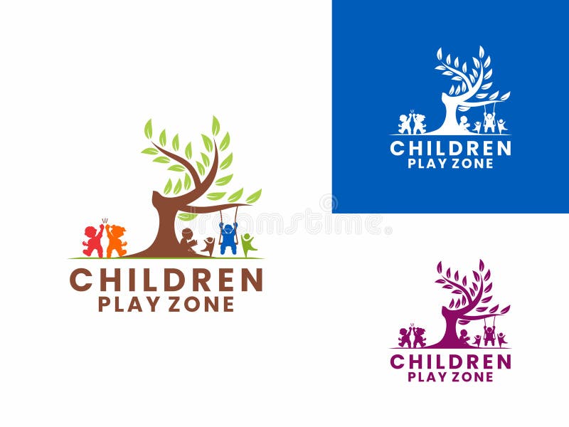 Children Play Zone Logo Design Vector Template. Children with Tree Logo ...