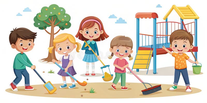 Children are Playground Cleaning Stock Illustration - Illustration of ...