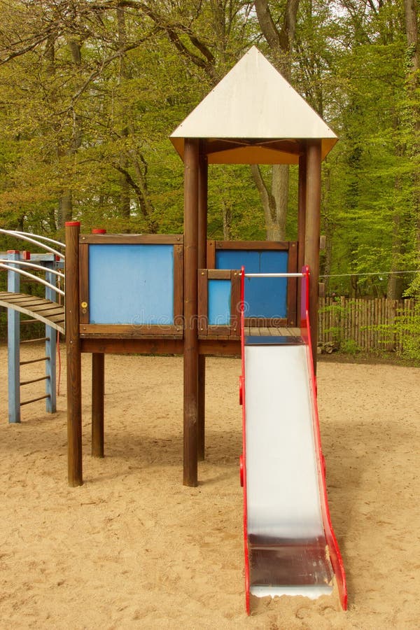 Red Slide For Kid Playing Outdoor In Sand Playground Stock Image ...