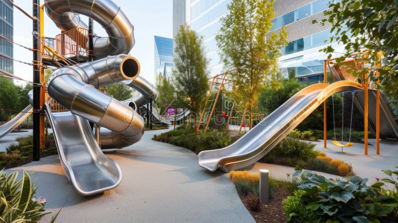 Children Playground with Modern Slide, Rope Net Bridge, Climbing Swings ... Children Playground with Modern Slide, Rope Net Bridge, Climbing Swings ...