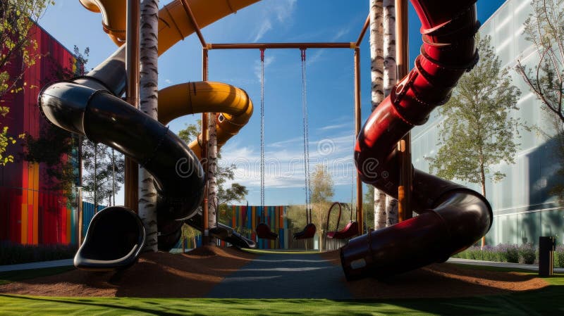 Children Playground with Modern Slide, Rope Net Bridge, Climbing Swings ... Children Playground with Modern Slide, Rope Net Bridge, Climbing Swings ...