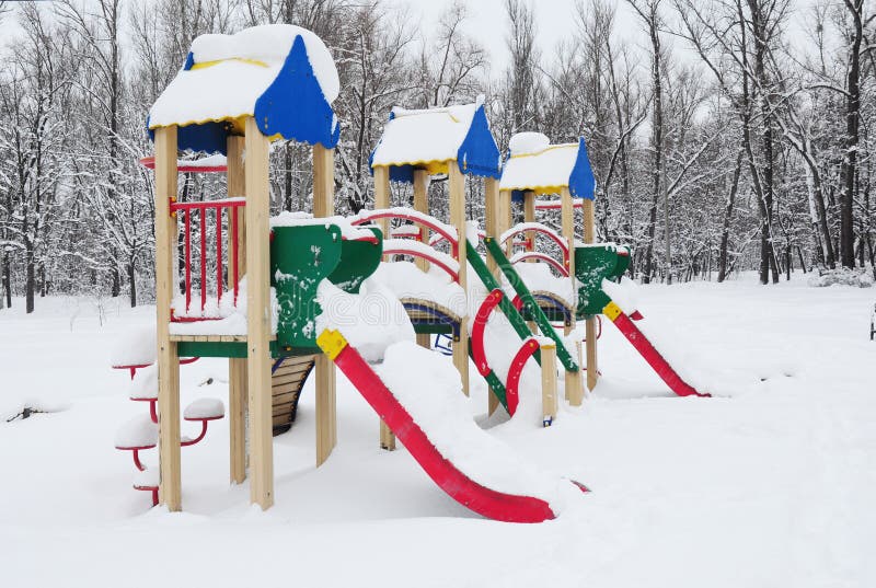 Children Playground in Public Park Covered with Winter Snow Stock Photo ...