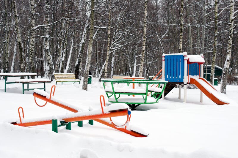 Children Playground in Snow Horizontal Stock Image - Image of heavy ...