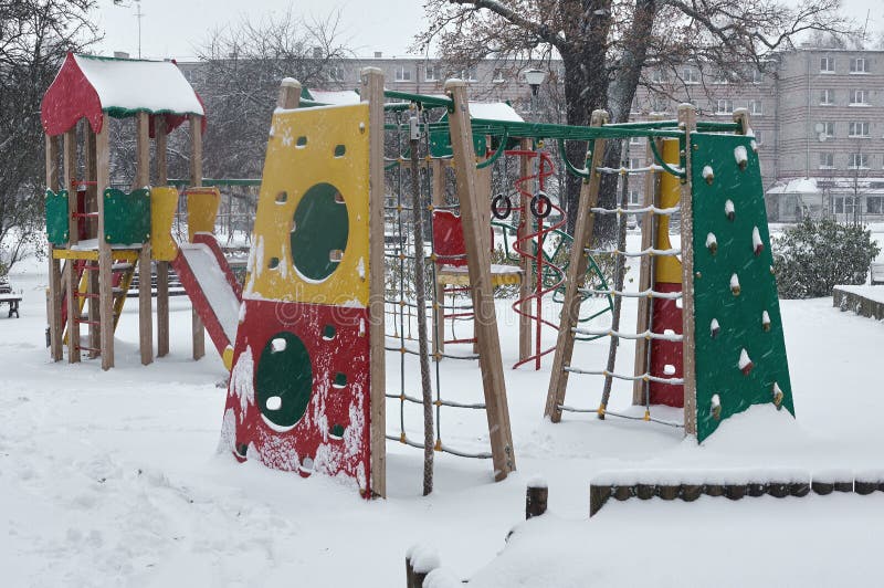 Children Playground in Winter Snow Covered Snowfall Stock Image - Image ...