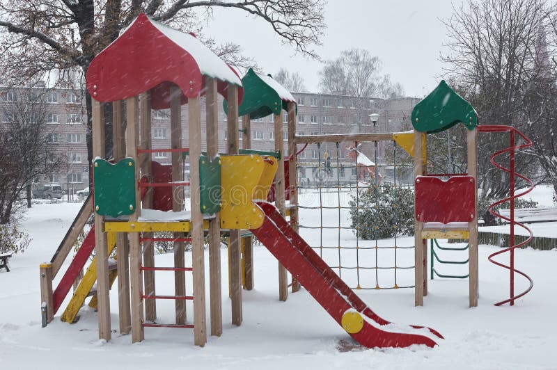 Children Playground in Winter Snow Covered Snowfall Stock Image - Image ...