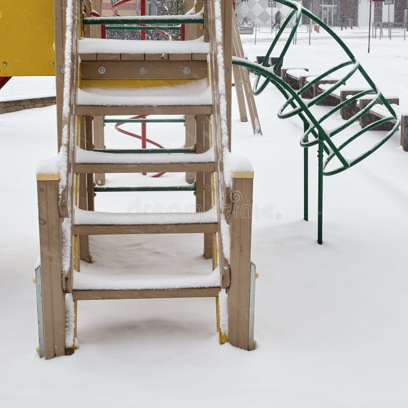 Children Playground in Winter Snow Covered Snowfall. Stock Photo ...