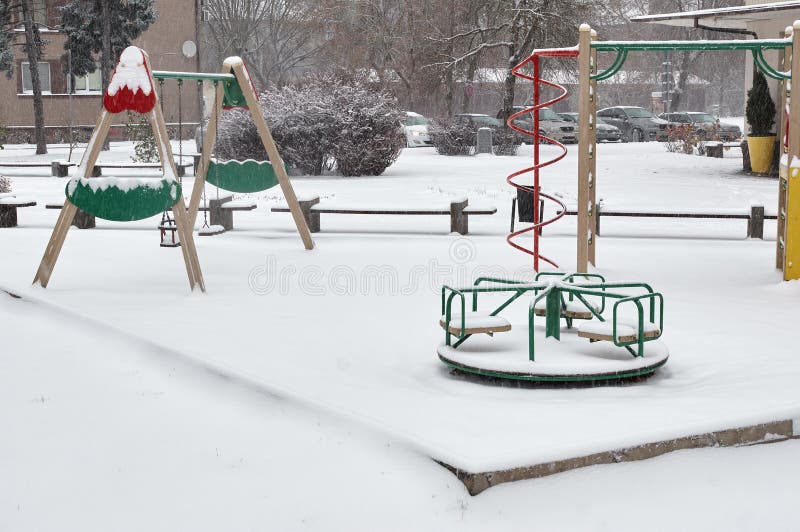 Children Playground in Winter Snow Covered Snowfall. Stock Image ...