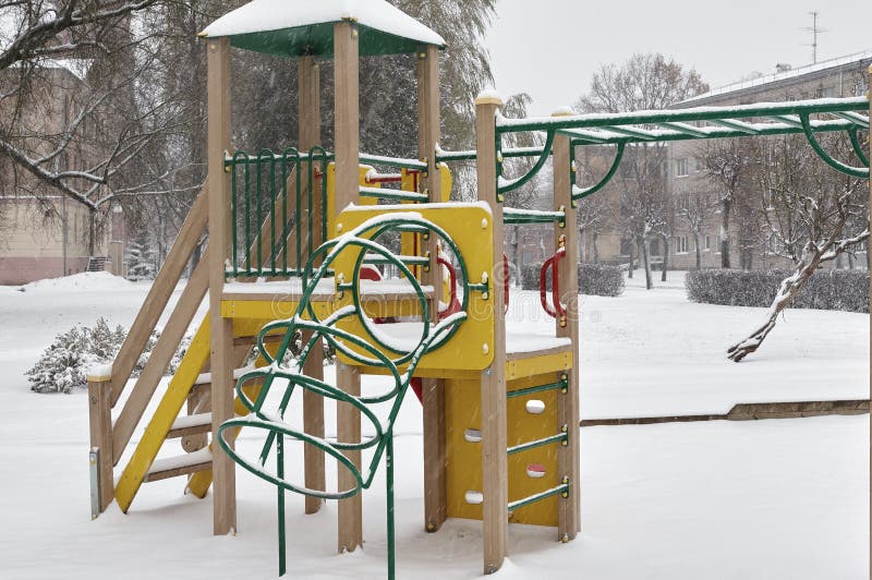 Children Playground in Winter Snow Covered Snowfall. Stock Photo ...