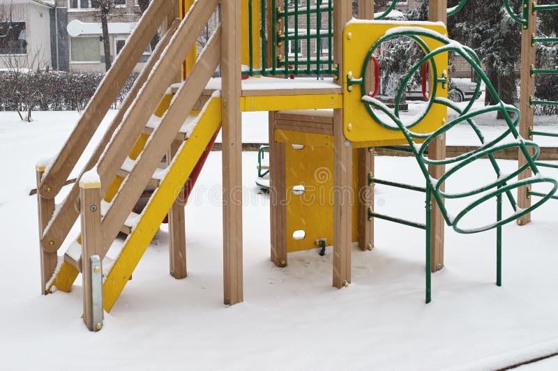 Children Playground in Winter Snow Covered Snowfall. Stock Photo ...