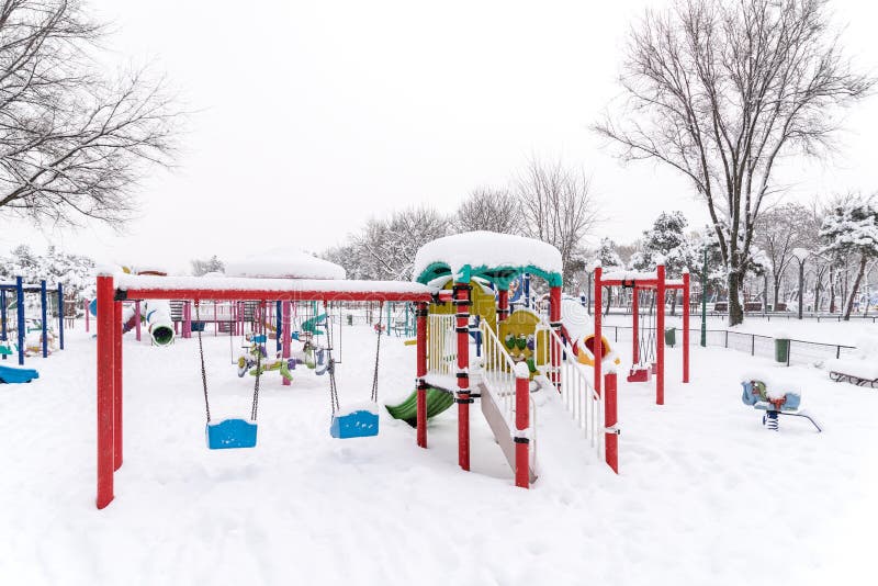 Children Playground in Winter Snow Stock Image - Image of recreation ...