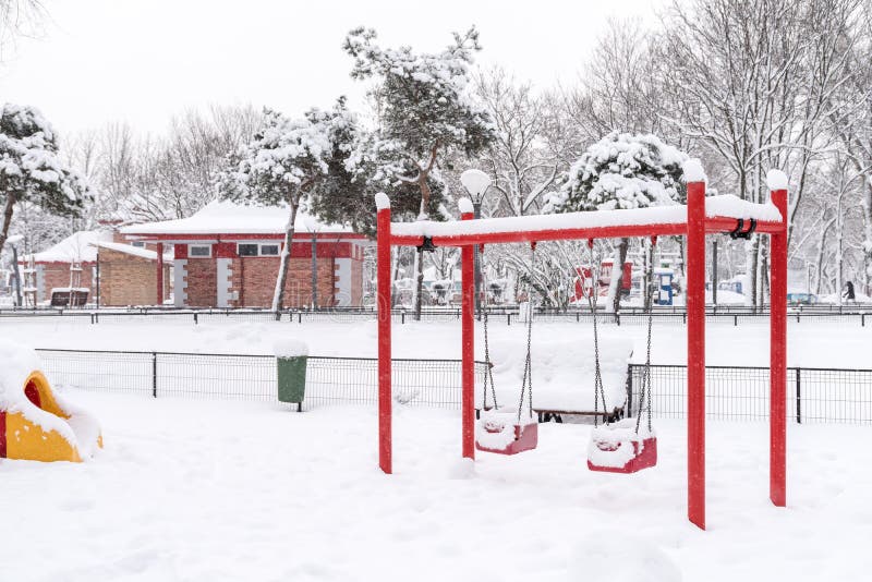 Children Playground in Winter Snow Stock Image - Image of leisure, kids ...