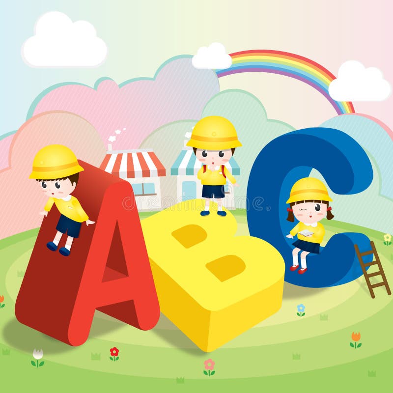 Children Playing with Abc Alphabets. Vector Illustration Decorative ...