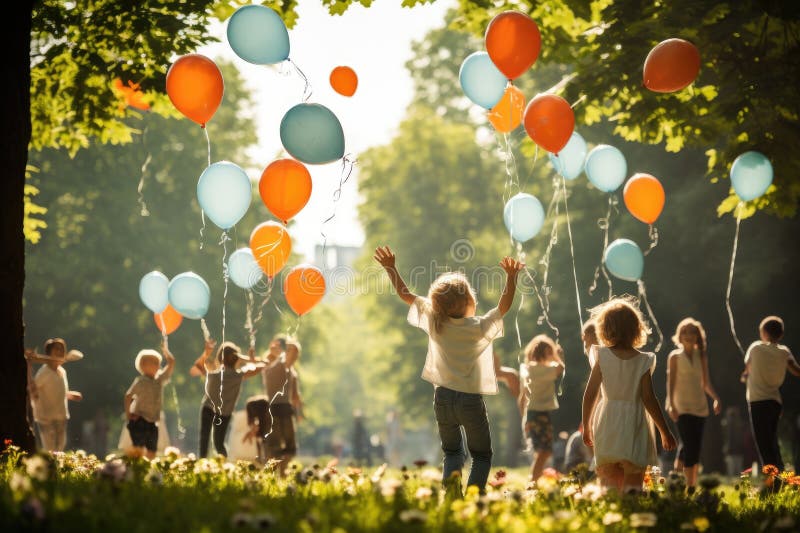 Children Playing with Balloons in the Park Stock Image - Image of grass ...