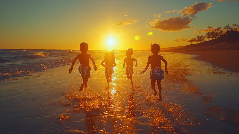 Children Playing on Beach at Sunset with Ocean Waves Stock Illustration ...