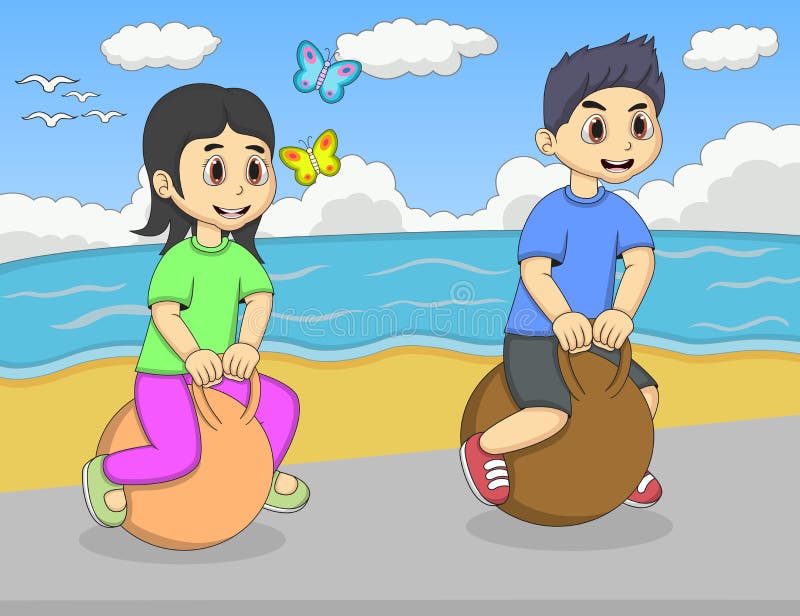 Children Playing Bouncing Ball in the Beach Cartoon Stock Vector ...