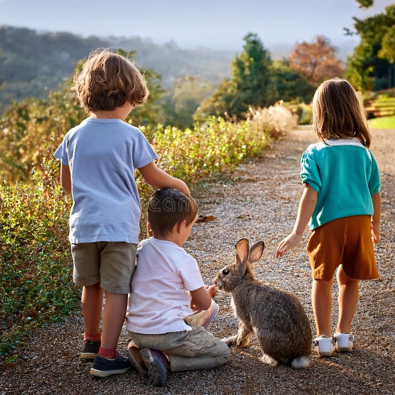 Children Playing with Bunny, AI Generated Stock Illustration ...
