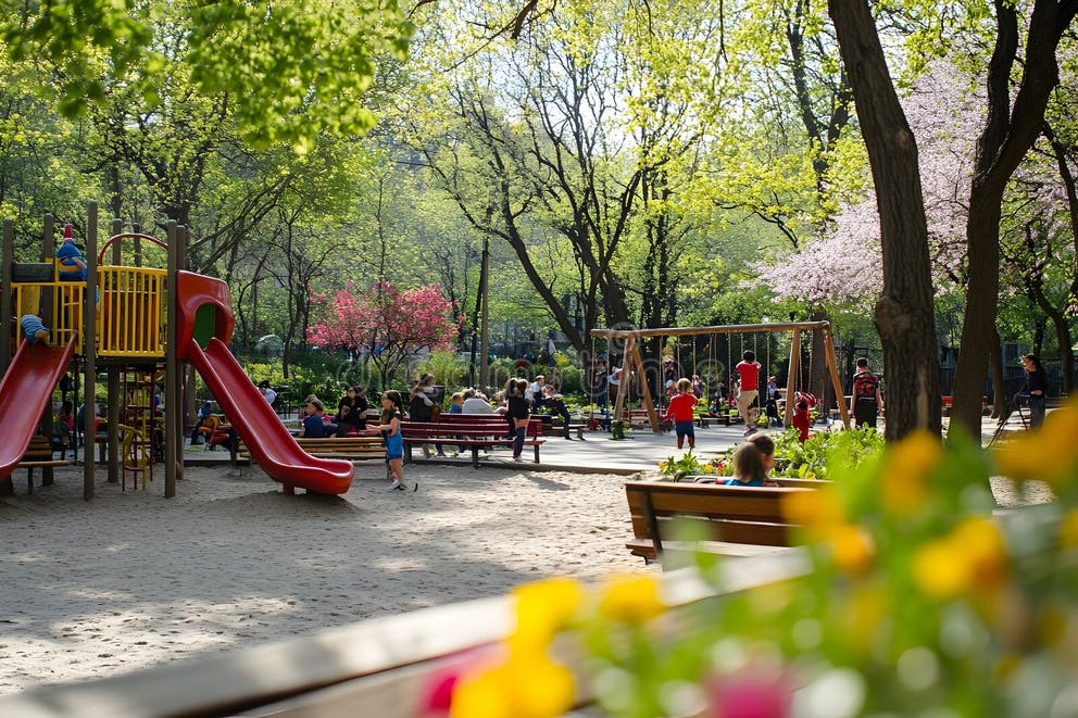 Children Playing in Colorful Park with Play Structures and Trees in ...