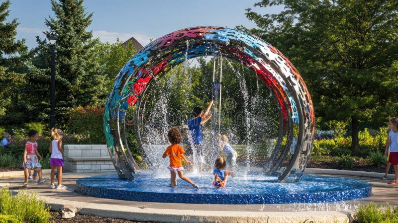 Children Playing in a Colorful Water Feature Stock Illustration ...