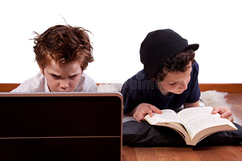 Children Playing Computer and Reading a Book Stock Image - Image of ...