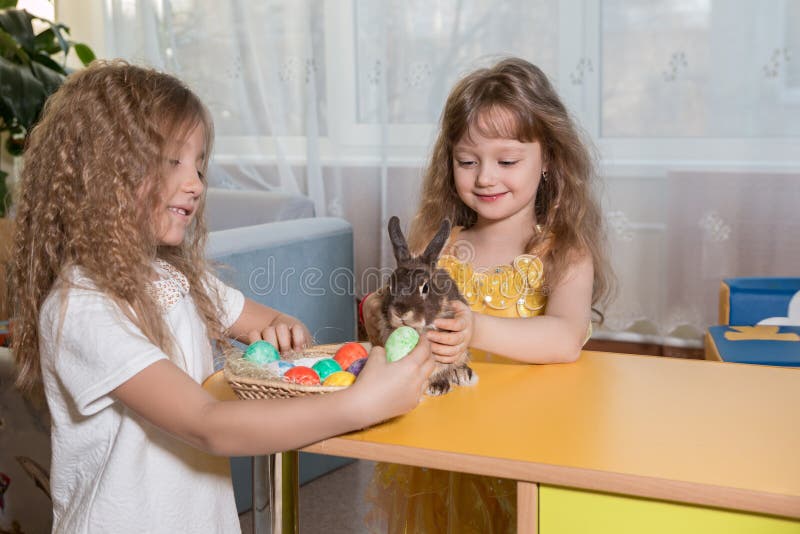 Children Playing with Easter Bunny Stock Photo - Image of craft, bunny ...