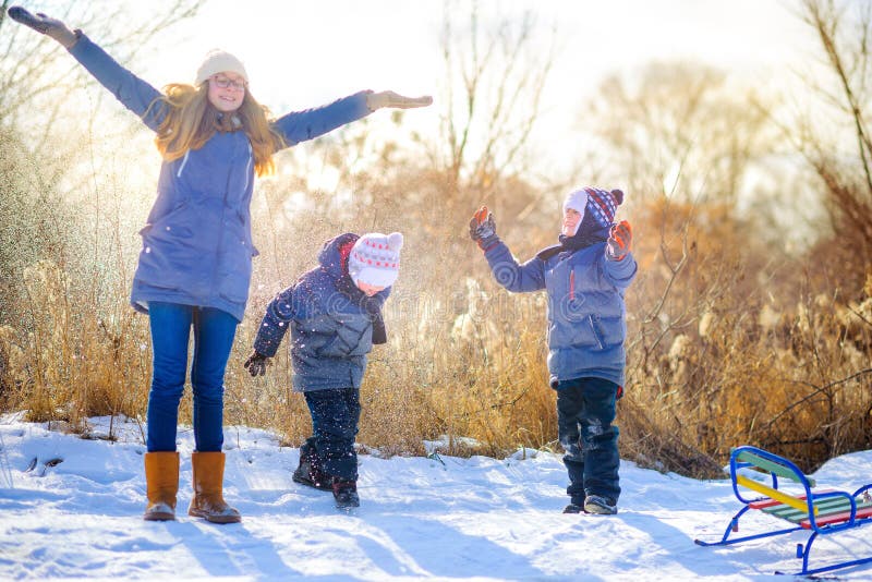 Children Playing and Having Fun in the Winter Forest Stock Image ...