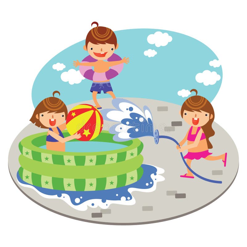 Children Playing in the Inflatable Swimming Pool. Vector Illustration ...
