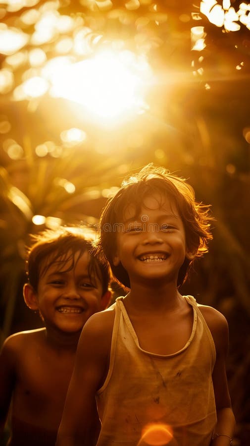 Children Playing Joyfully during Golden Hour, Capturing Their Happiness ...
