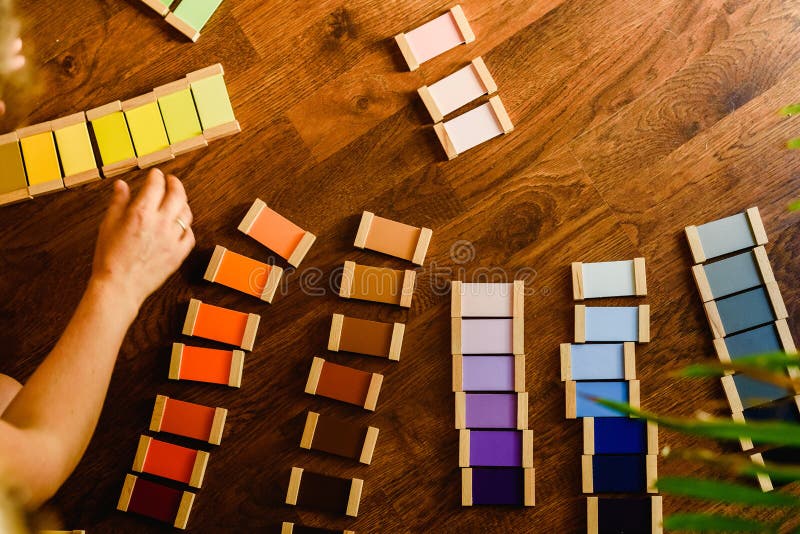 Children Playing and Learning with Montessori Color Tablets Stock Image ...