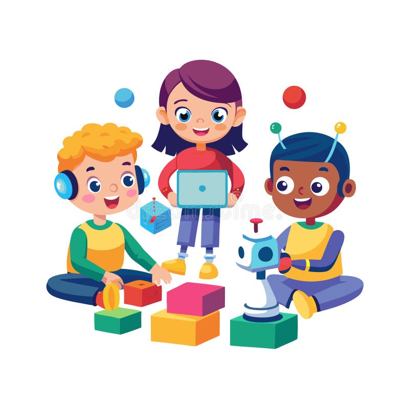 Children Playing and Learning with Robots and Blocks in a Bright and ...