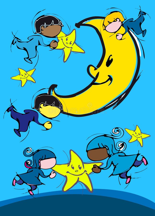 Two Children Catching the Stars. Stock Vector - Illustration of ...