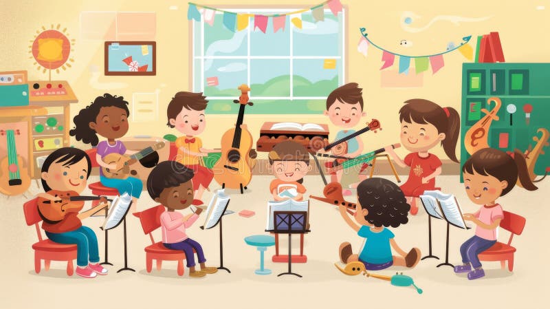 Children Playing Musical Instruments in Colorful Classroom Stock Image ...