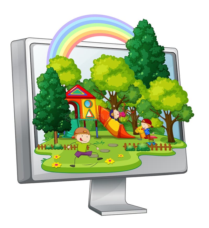 Children Playing in the Playground on Computer Screen Stock Vector ...