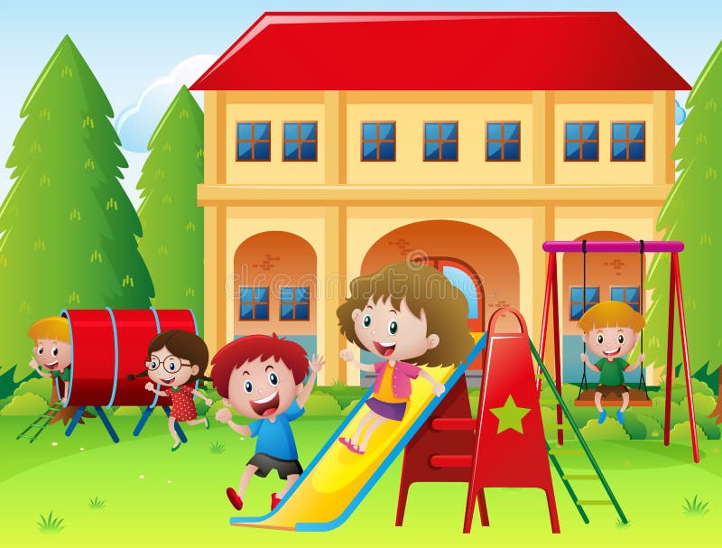 Children Playing at School Playground Stock Illustration - Illustration ...