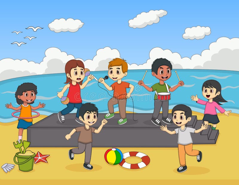 Children Playing and Singing on the Beach Vector Illustration Stock ...