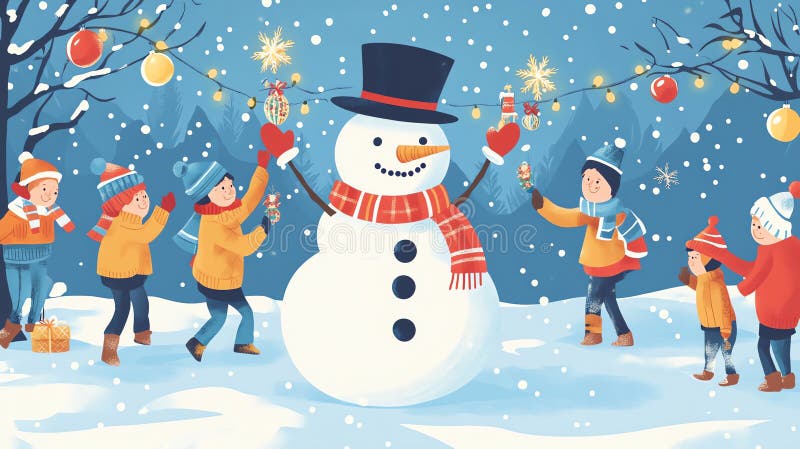 Children Playing in the Snow with Snowman and Christmas Lights with ...