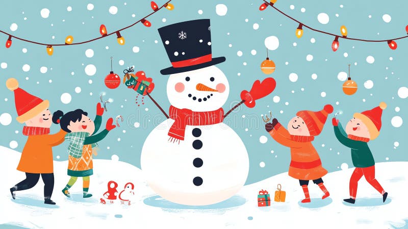Children Playing in the Snow with Snowman and Christmas Lights with ...